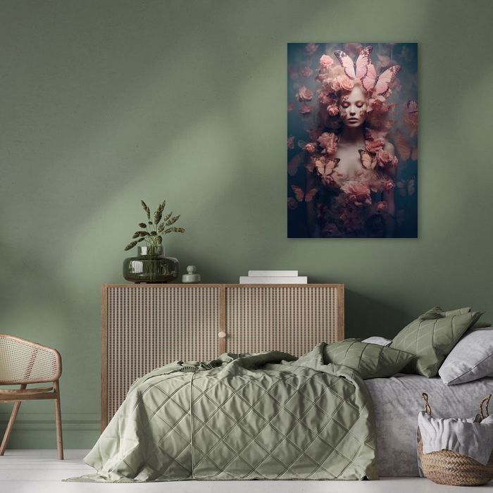 Vrouwelijk portret met paarse vlinders - Sfeer aan de Muur